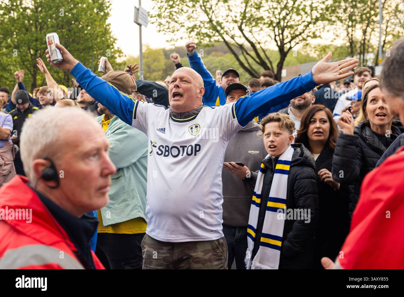 Leeds, UK. 21 APR, 2025. Man chants as Leeds United fans held jubilant ...