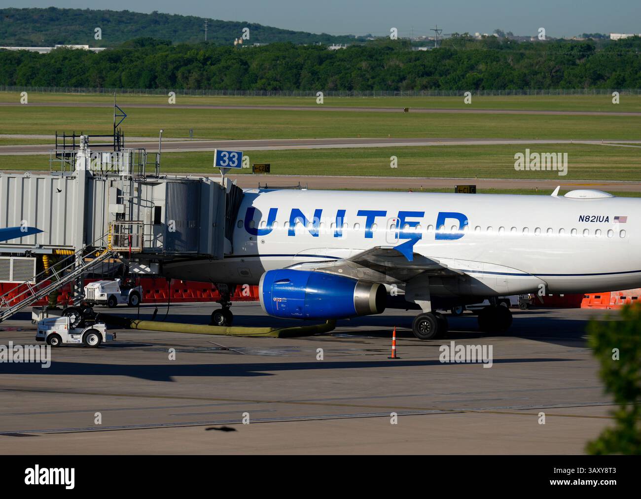 Austin, Texas, USA. 21st Apr, 2025. A United Airlines jet is parked at ...