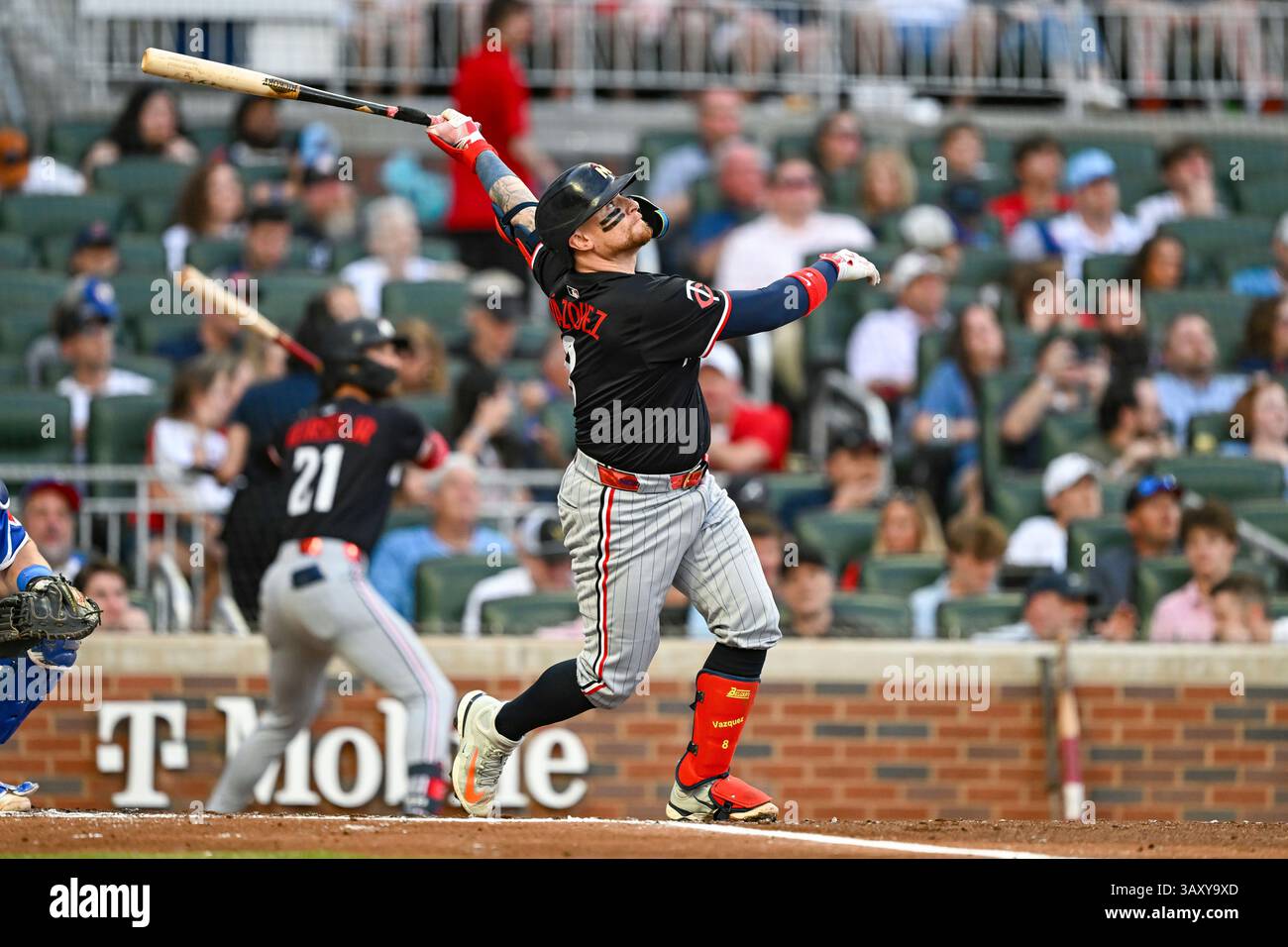 ATLANTA, GA – APRIL 19: Minnesota catcher Christian Vazquez (8) hits ...