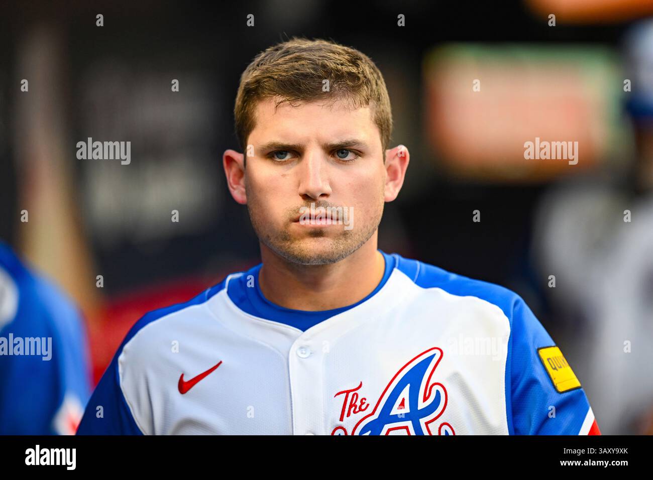 ATLANTA, GA – APRIL 19: Atlanta third baseman Austin Riley (27) reacts ...