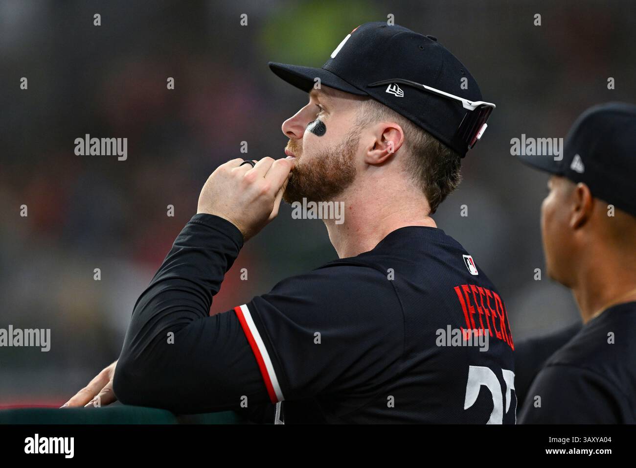ATLANTA, GA – APRIL 19: Minnesota catcher Ryan Jeffers (27) looks on ...