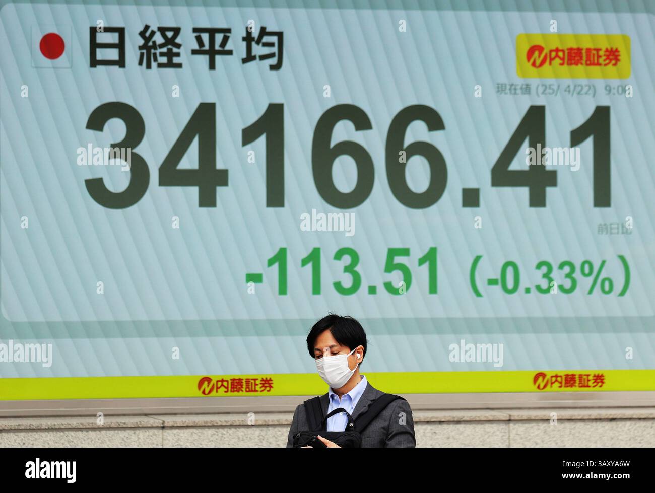 A display shows the Nikkei average stock price in Chuo Ward, Tokyo on ...