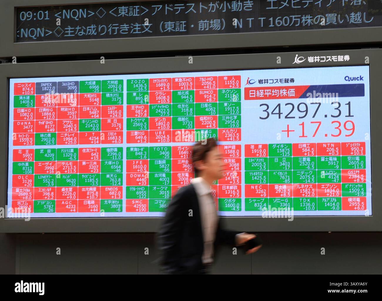 A display shows the Nikkei average stock price in Chuo Ward, Tokyo on ...