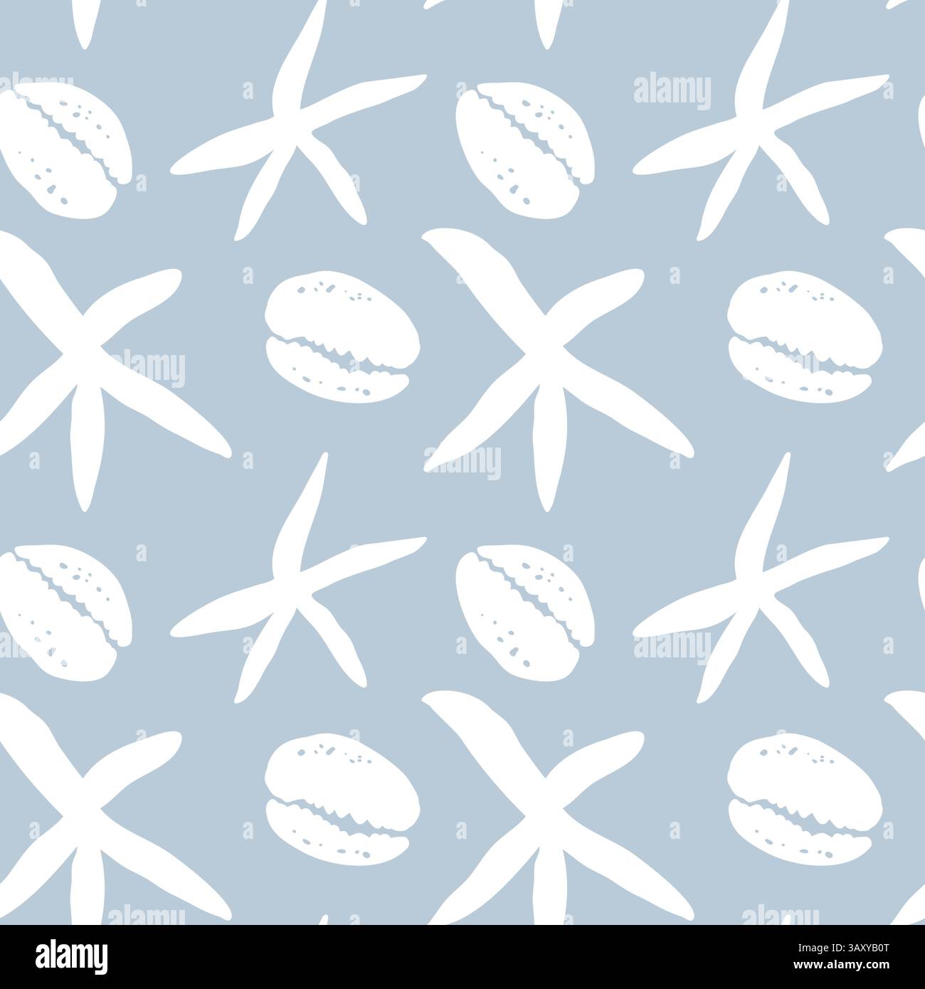 White cowrie shells and starfish pattern on light blue background in ...