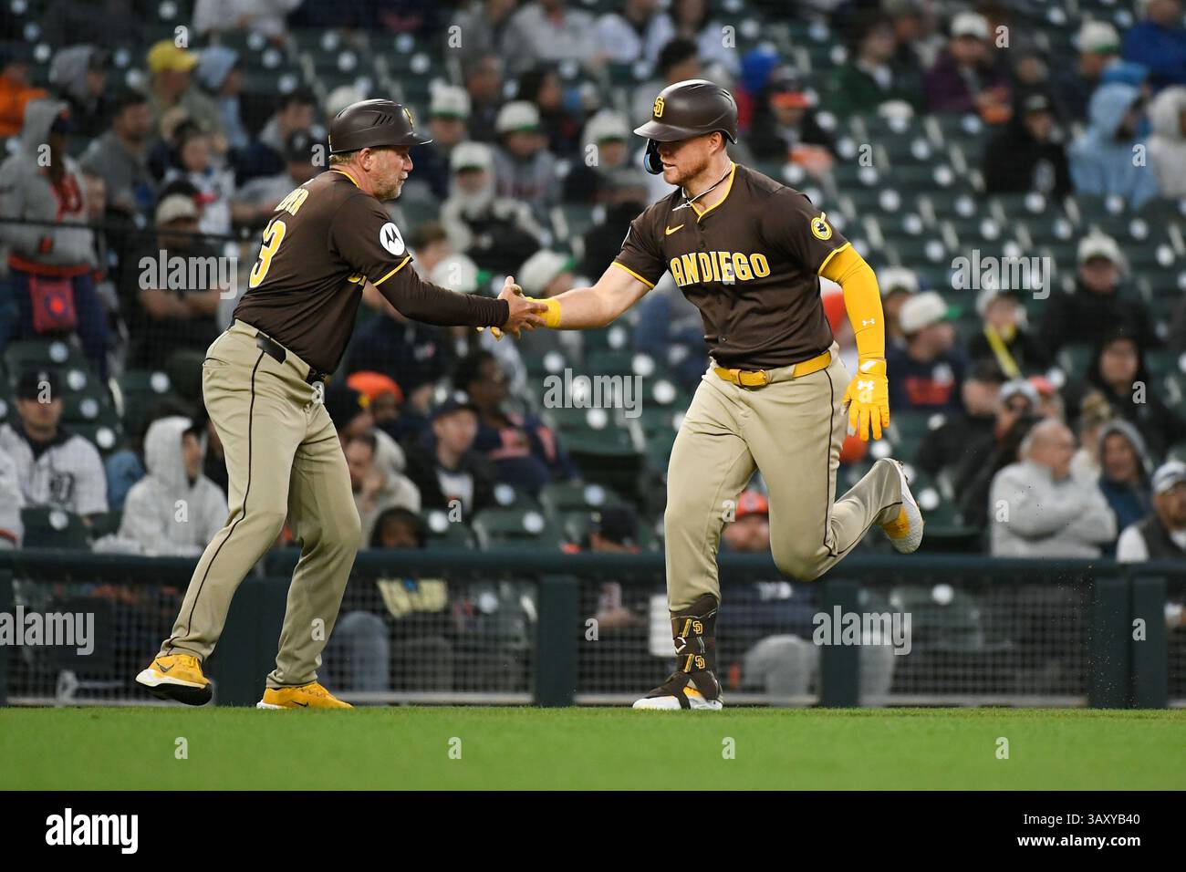 San Diego Padres' Gavin Sheets, right, is congratulated by third base ...