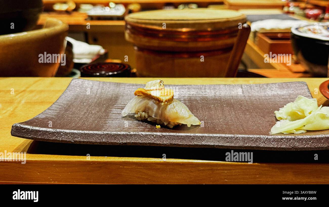 Ankimo (Monk Fish Liver) Nigiri Sushi Served With Ginger Stock Photo ...