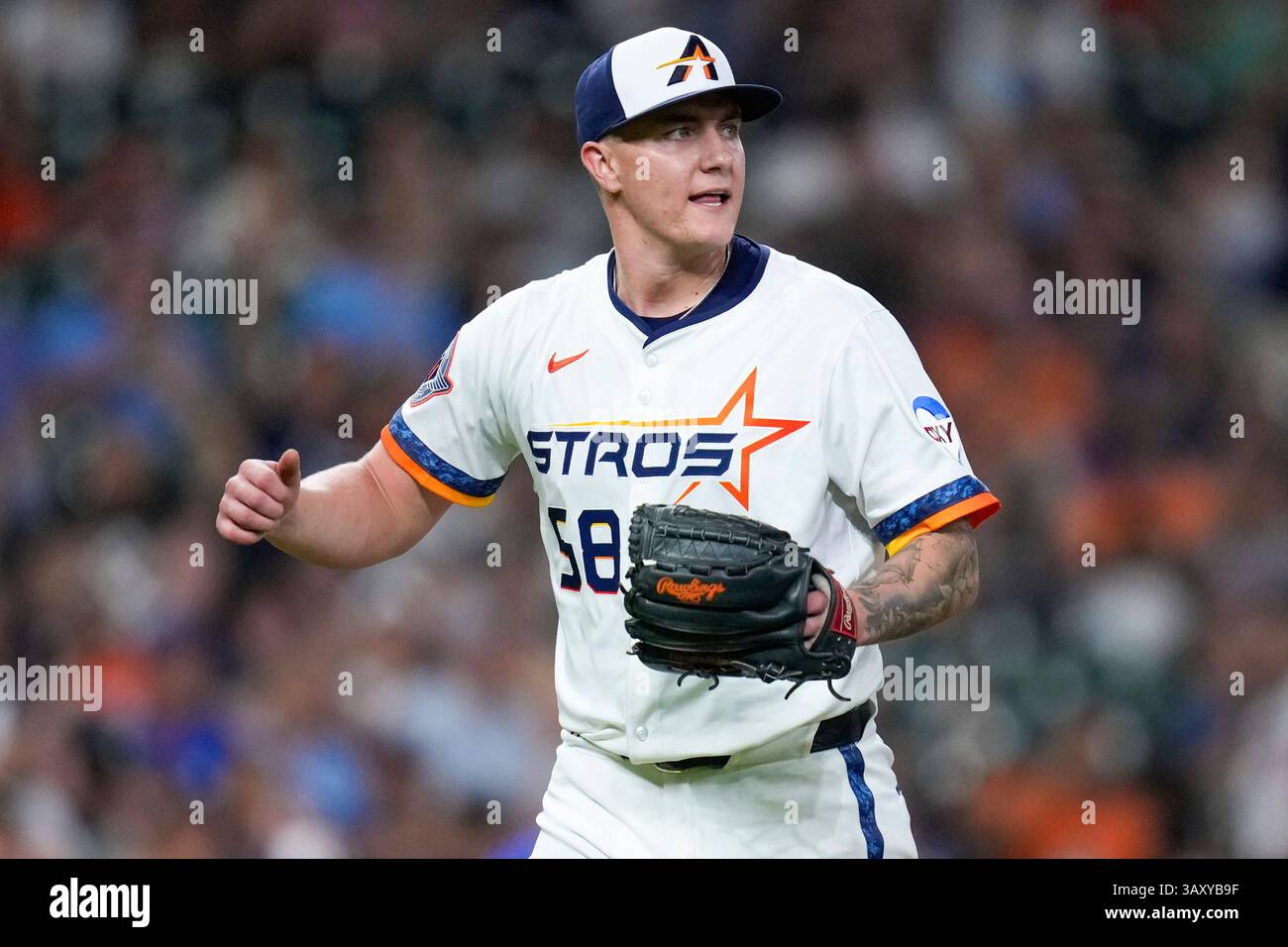 Houston Astros starting pitcher Hunter Brown reacts after a double play ...