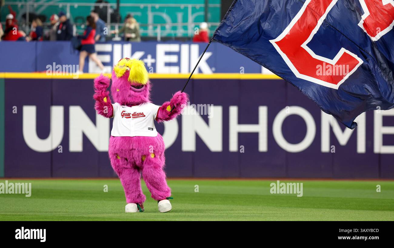 CLEVELAND, OH - APRIL 21: Cleveland Guardians mascot Slider celebrates ...
