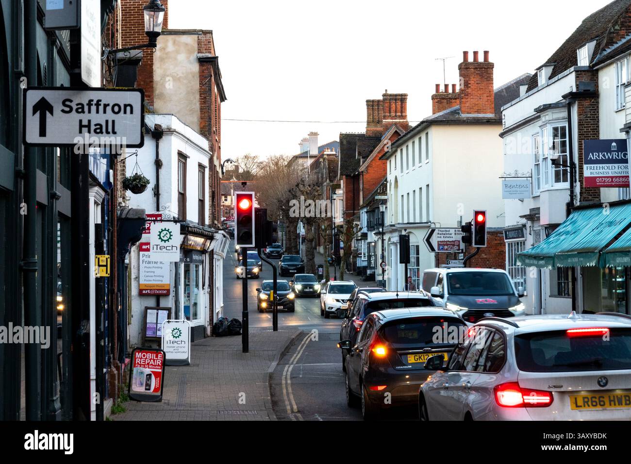 The High Street in Saffron Walden, Essex, features a sign for Saffron ...