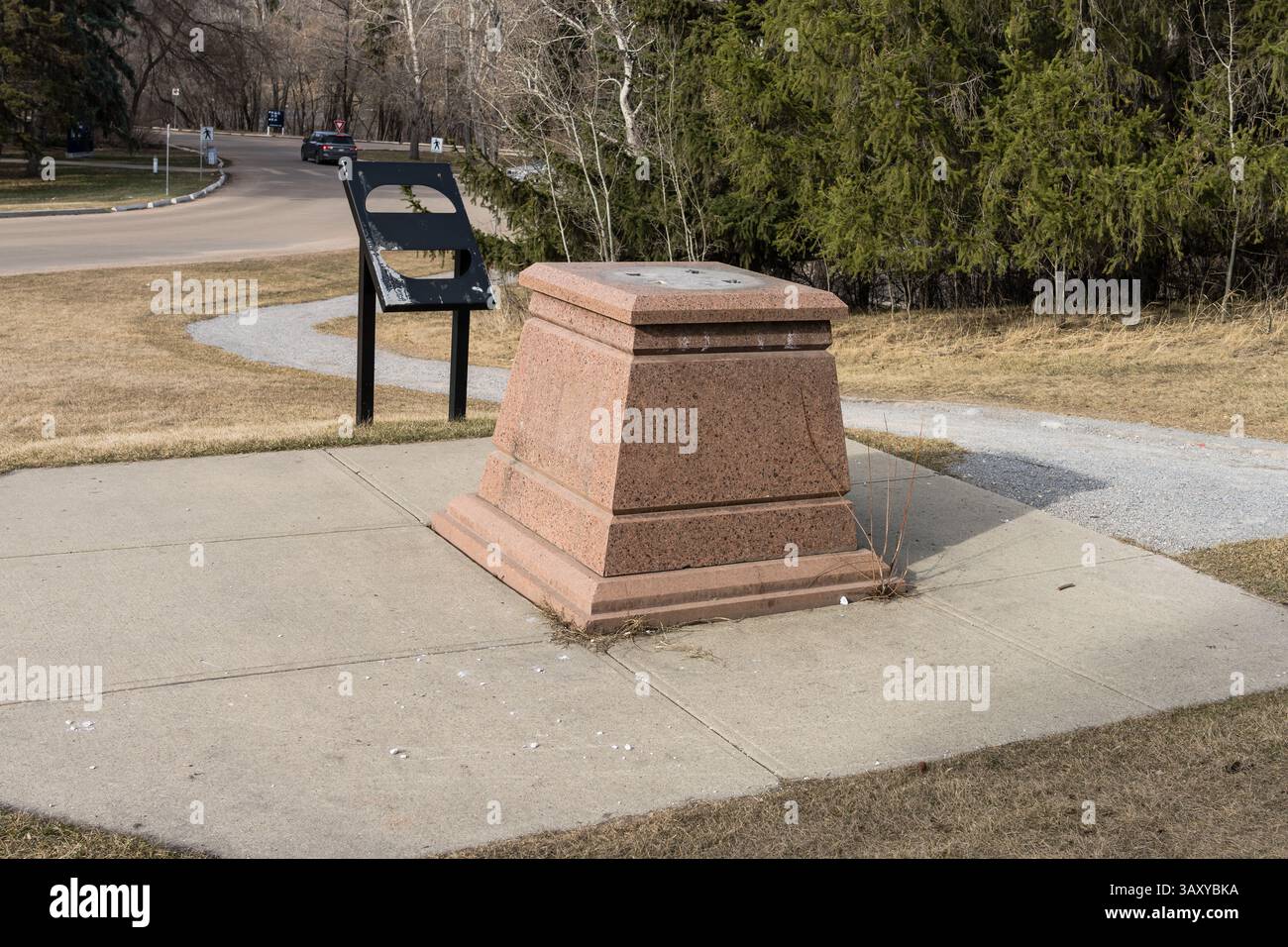 Edmonton, Canada, April14, 2025:A pedestal after theft of the statue of ...