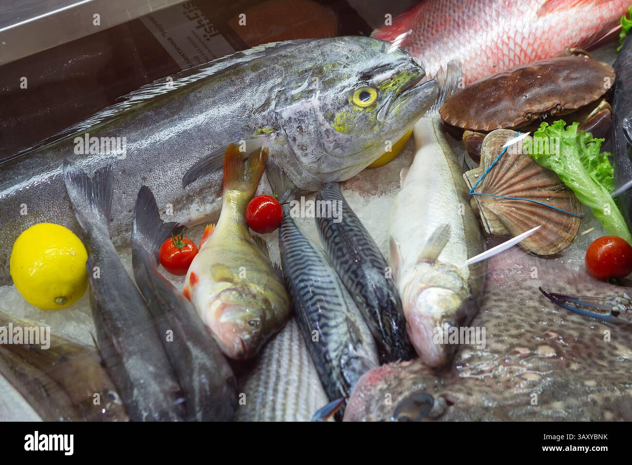 Fish and seafood in a fish shop window. Food Stock Photo - Alamy