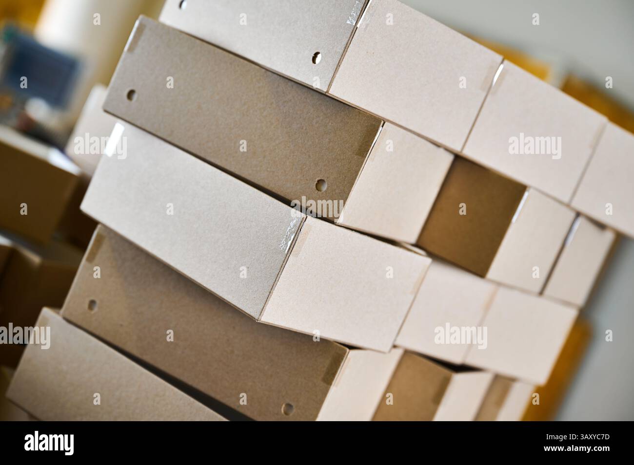 Cardboard blanks ready for assembly in a bustling box manufacturing ...