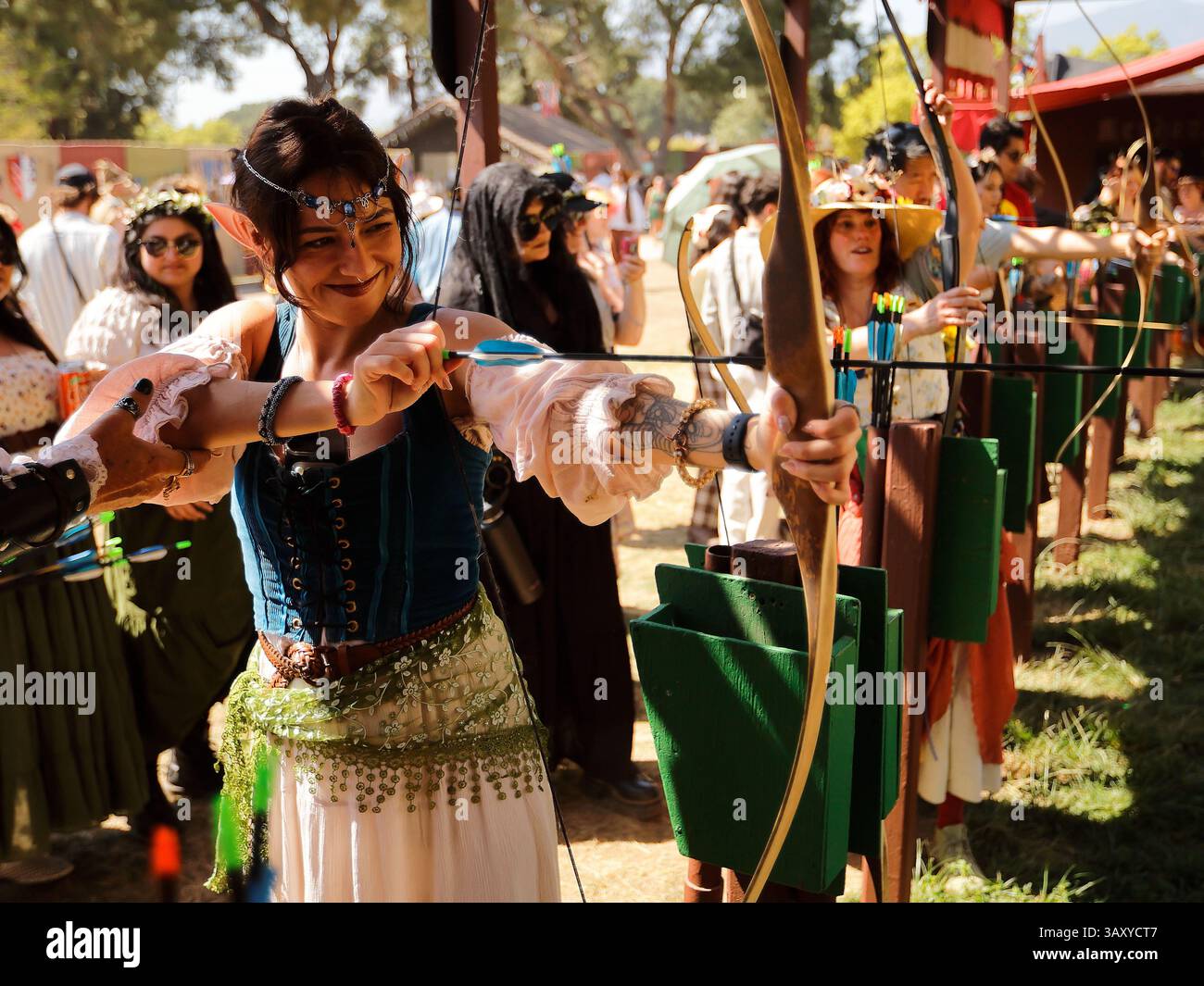 Beijing, USA. 20th Apr, 2025. People practice archery during the ...