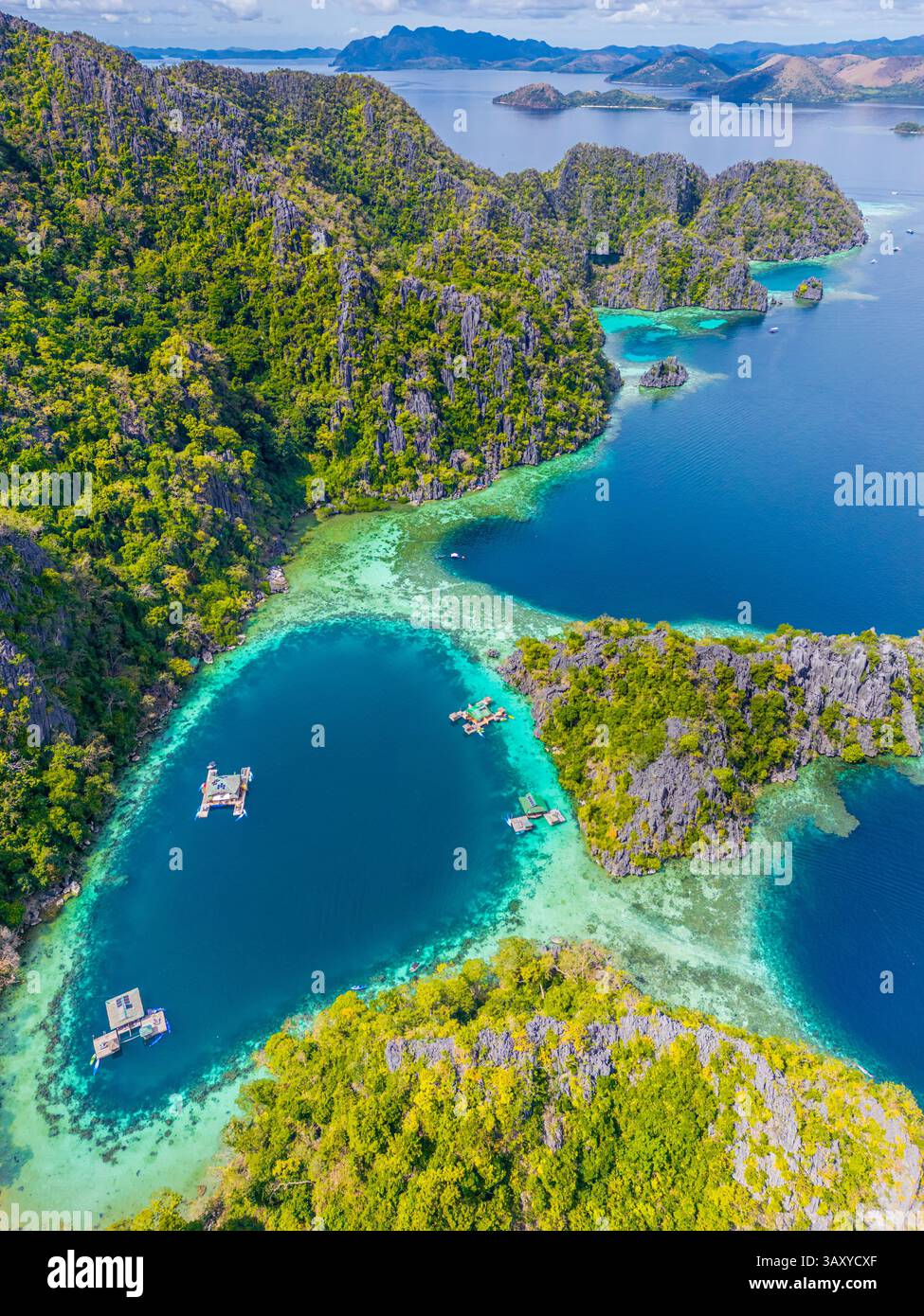 Tropical Islands with tour boats on blue sea. Twin Lagoon. Coron ...