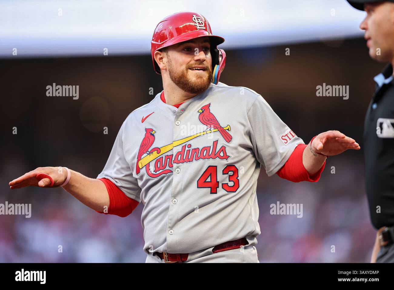 St. Louis Cardinals' Pedro Pagés (43) celebrates after reaching third ...