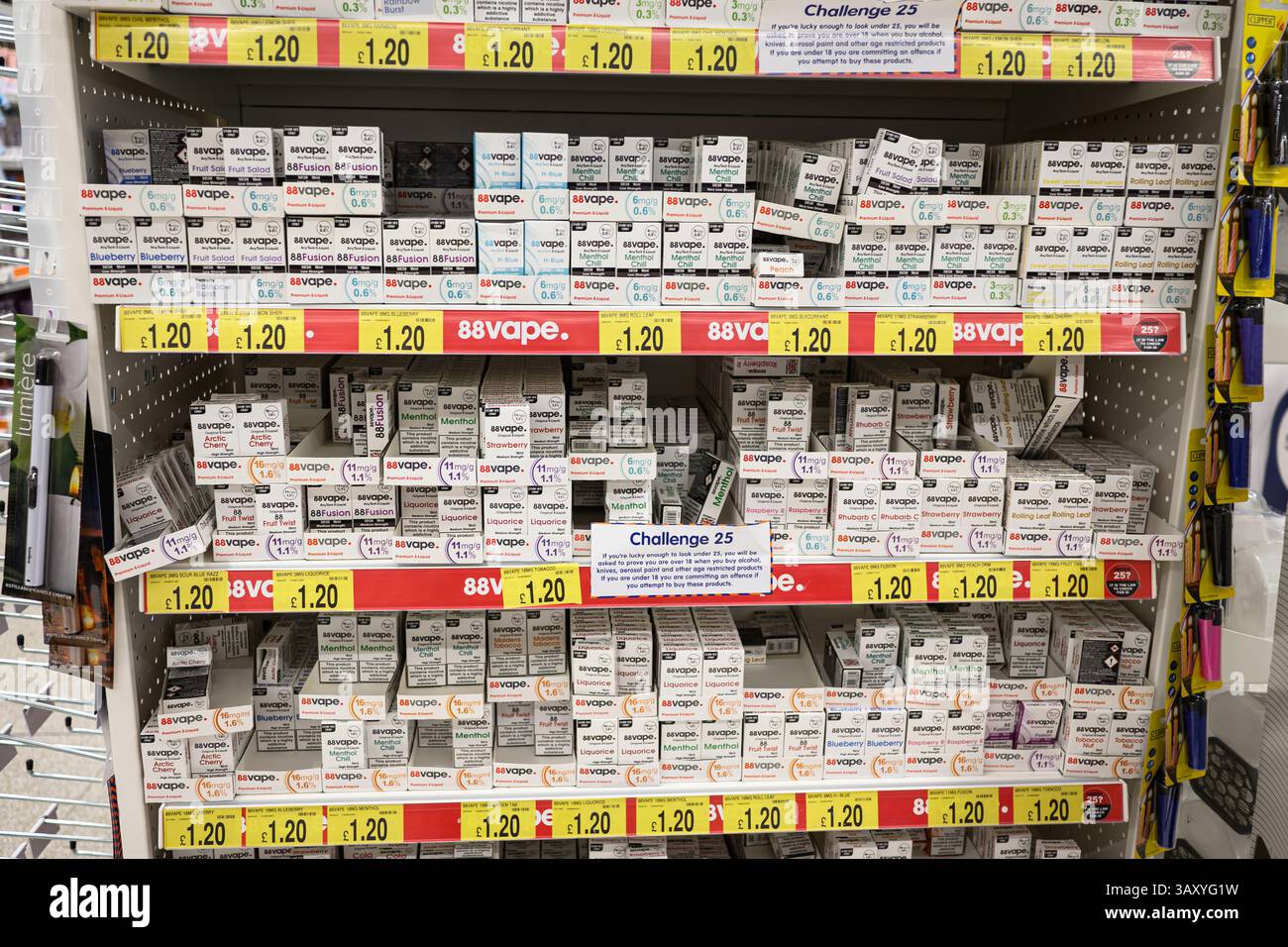 Vape refill cartridges on a shelf in a shop – Wales, UK – 17 April 2025 ...