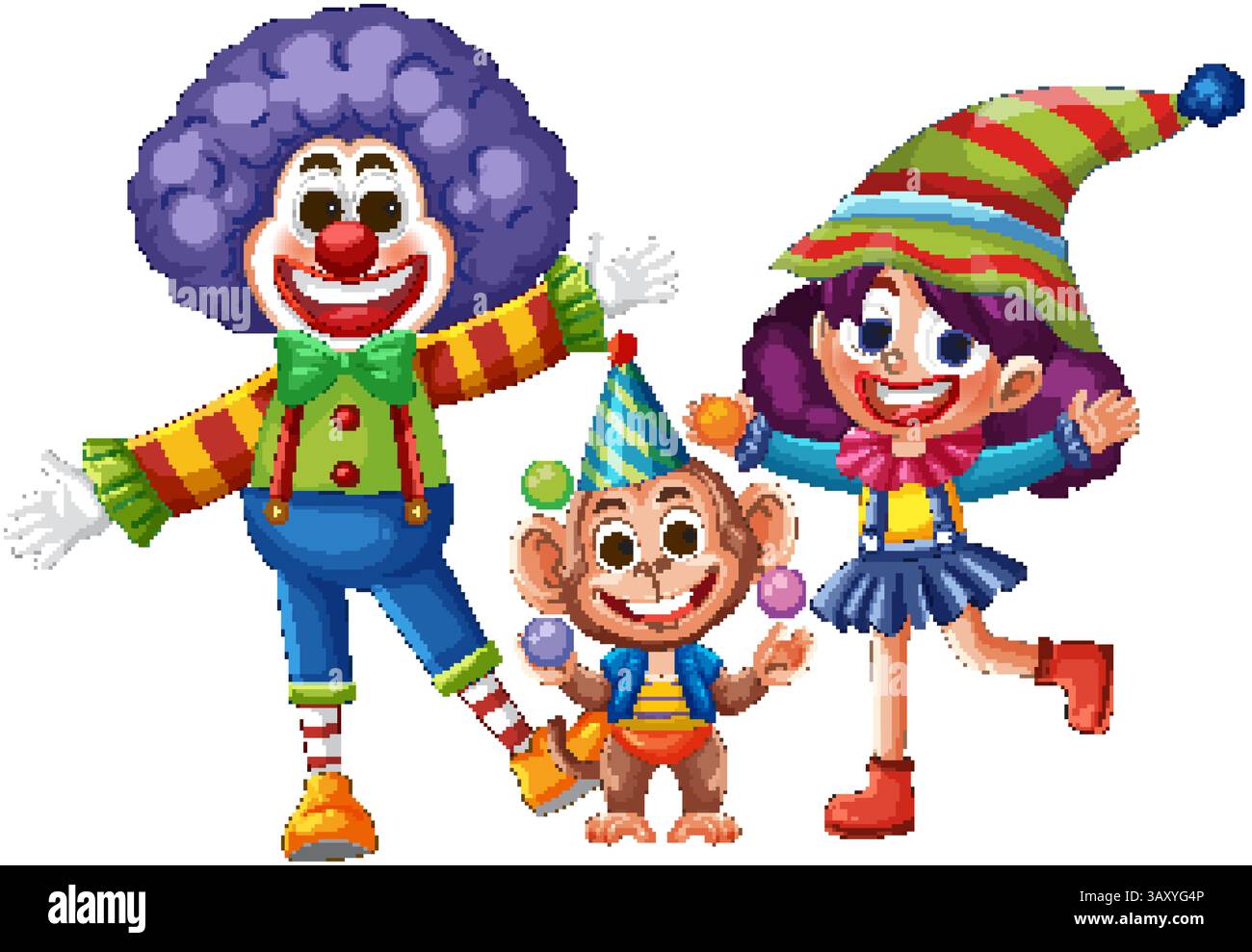 Vibrant vector illustration of a clown, child, and monkey in playful ...