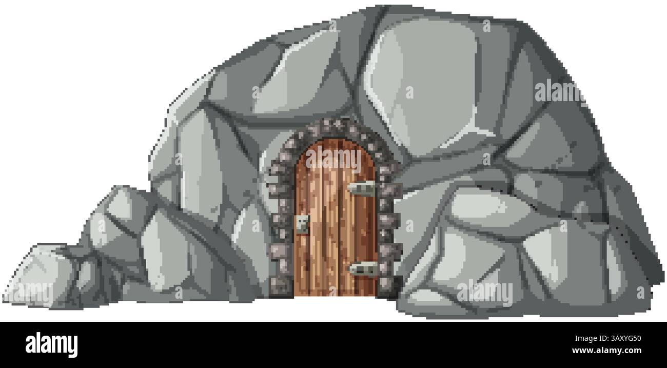 Vector illustration of a rock cave with a wooden door, featuring ...