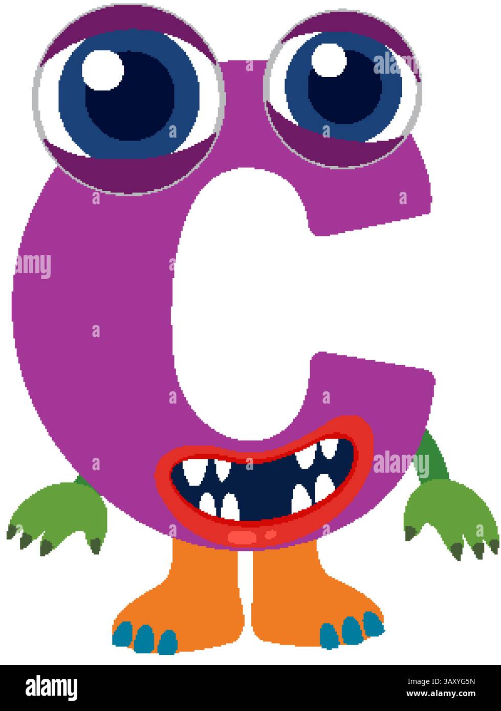 Colorful vector illustration of a monster-themed letter C with big eyes ...