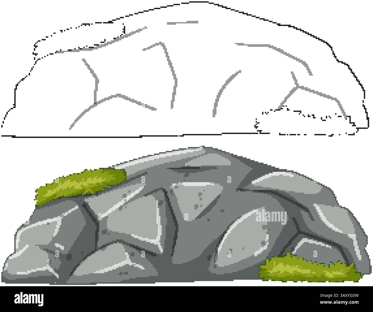 Vector illustration of a cartoon rock with grass, featuring clean lines ...