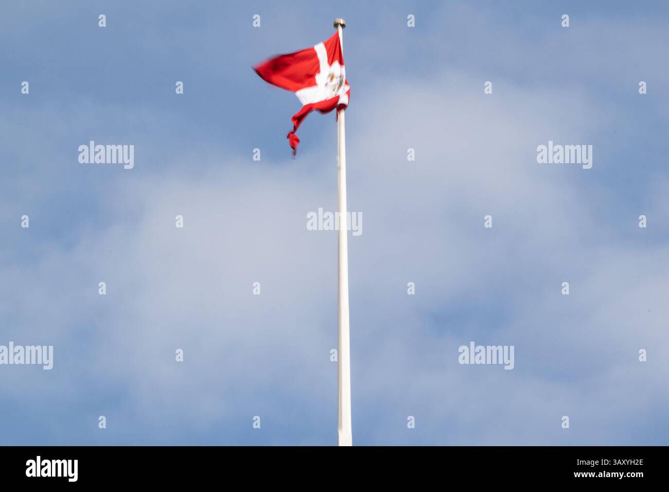 Copenhagen, Denmark. 21st Apr, 2025. The Danish national flag is seen ...