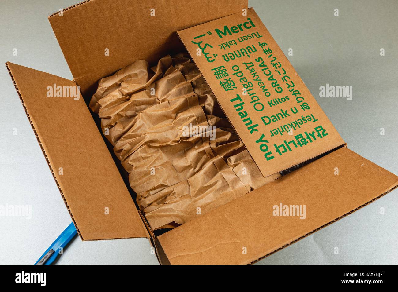 Lviv Ukraine 10.04.25 A cardboard box is opened, revealing crumpled ...