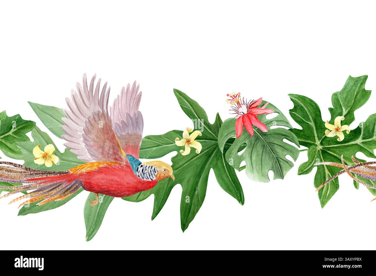 Flying golden pheasant, tropical leaves, white and red flowers ...