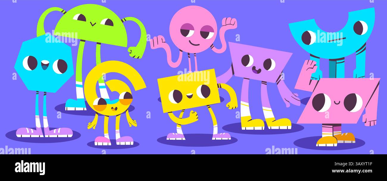 Cute geometric characters group - adorable colorful flat shapes with ...