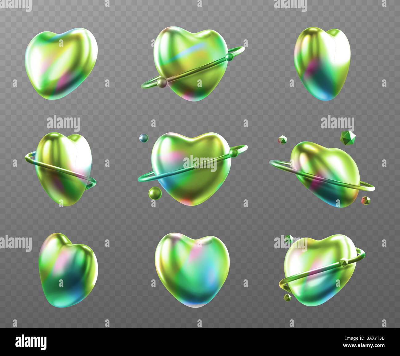 Green chrome heart shapes set on transparent background. Shiny metallic ...