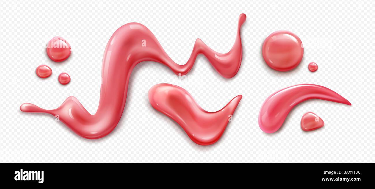 Strawberry jam sauce or syrup realistic splashes and drops set. Flowing ...