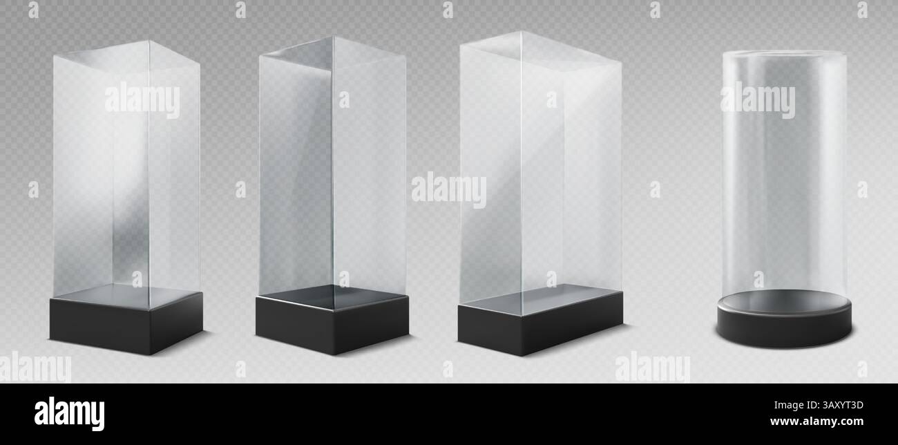 Glass museum display cases of varying heights and shape for exhibit ...