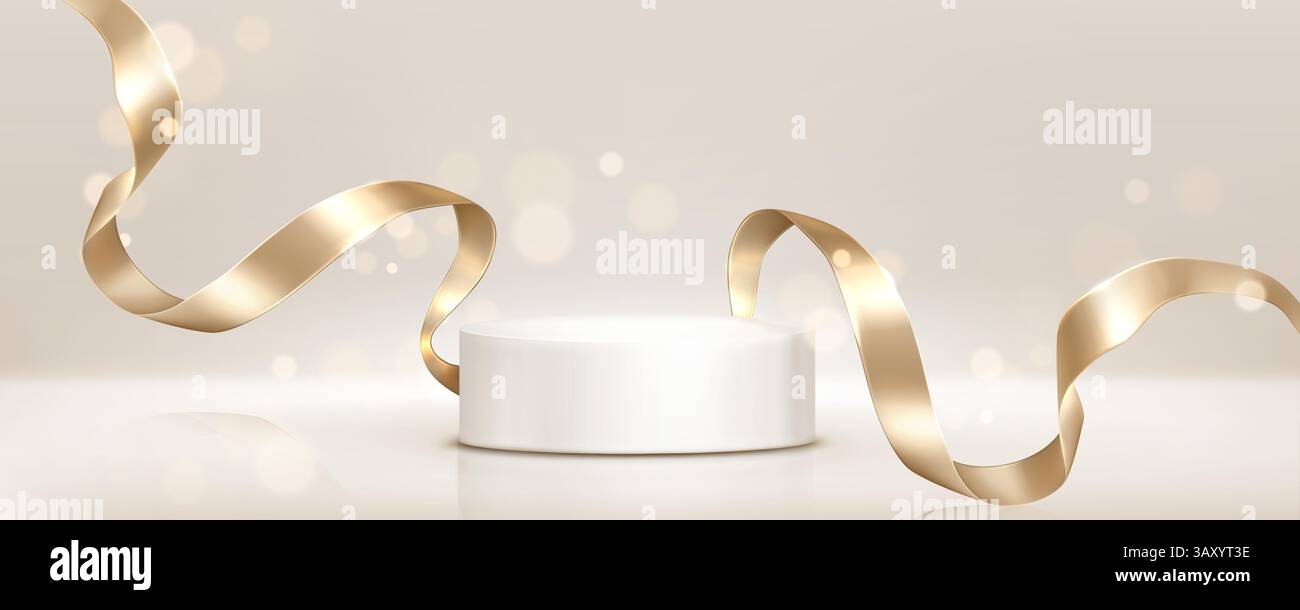 Golden ribbons around white podium. Shiny metallic curled strips ...