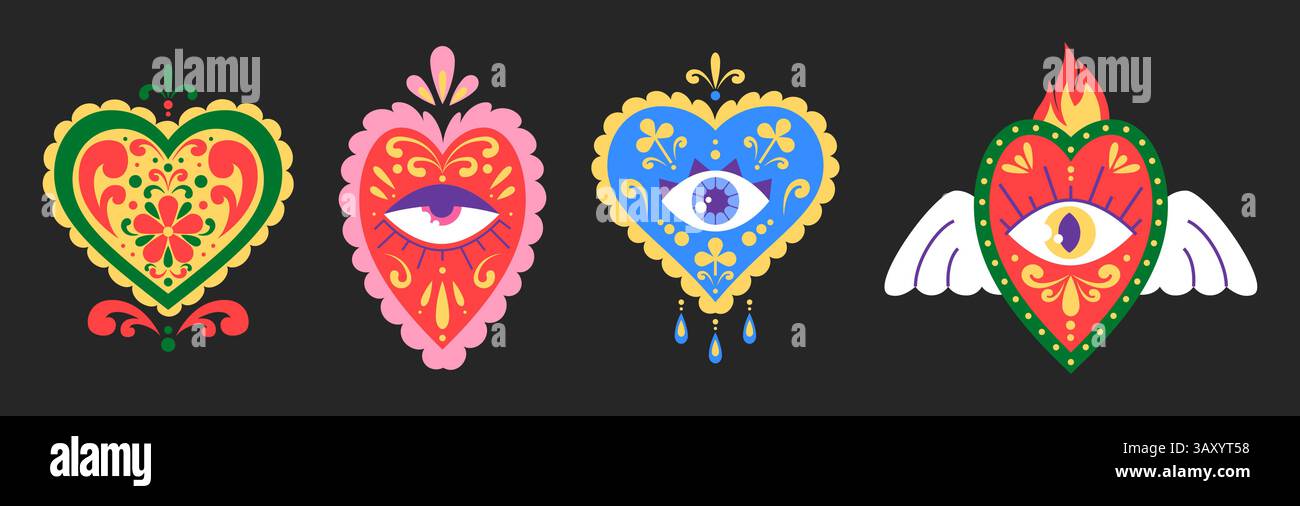 Mexican sacred hearts set with eye symbol - vector design in vivid ...