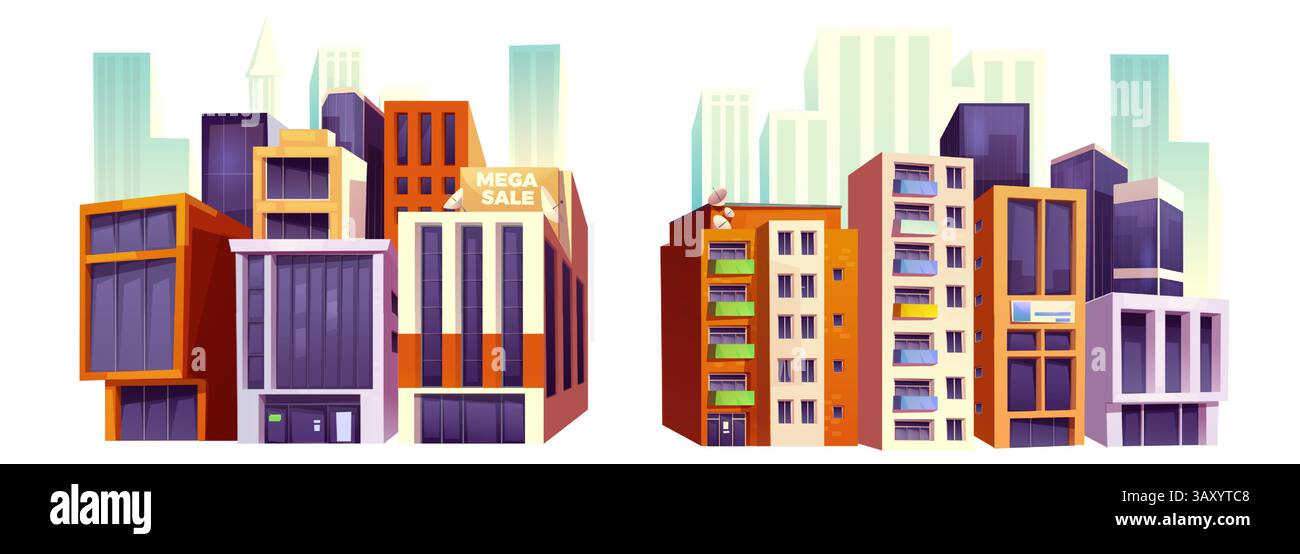 City crossroads illustration - colorful tall modern buildings cluster ...