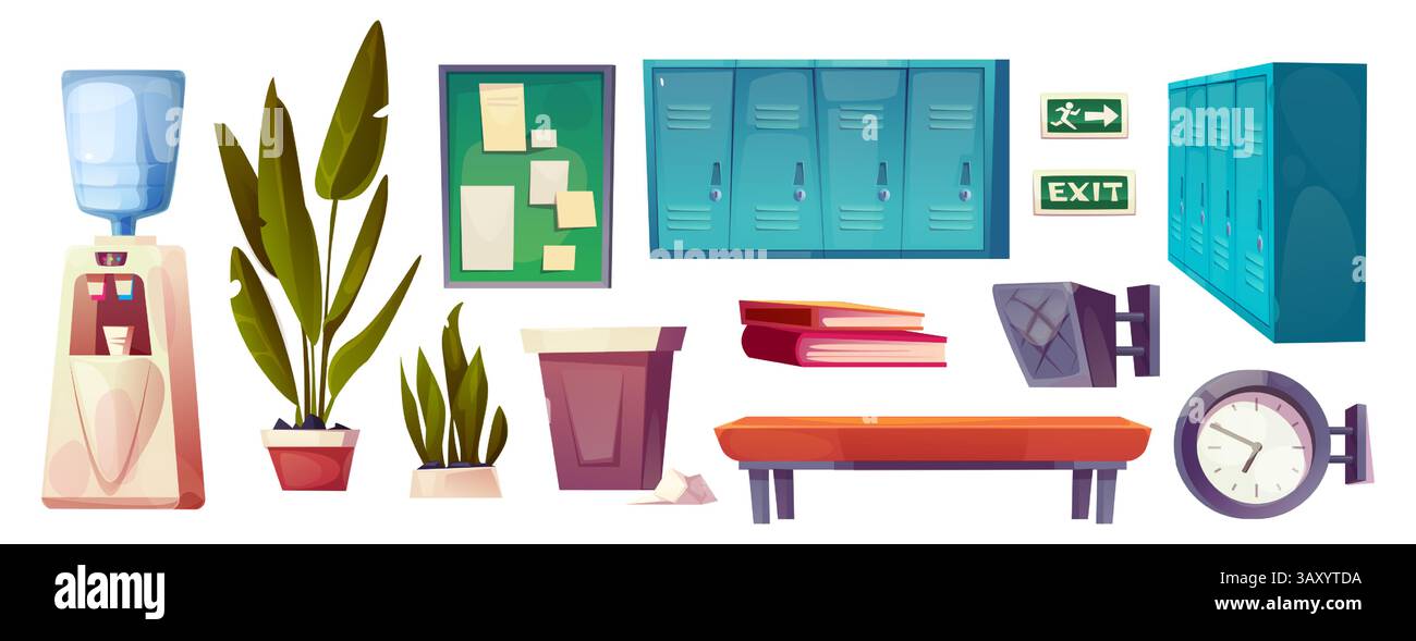 School corridor interior set - student lockers, exit with arrow sign ...