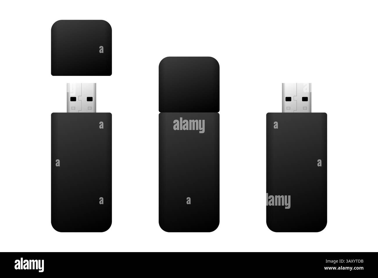 Three black USB flash drives isolated on white background, various ...