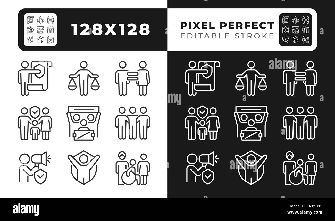 Equal human rights pixel perfect line black and white line icons set ...