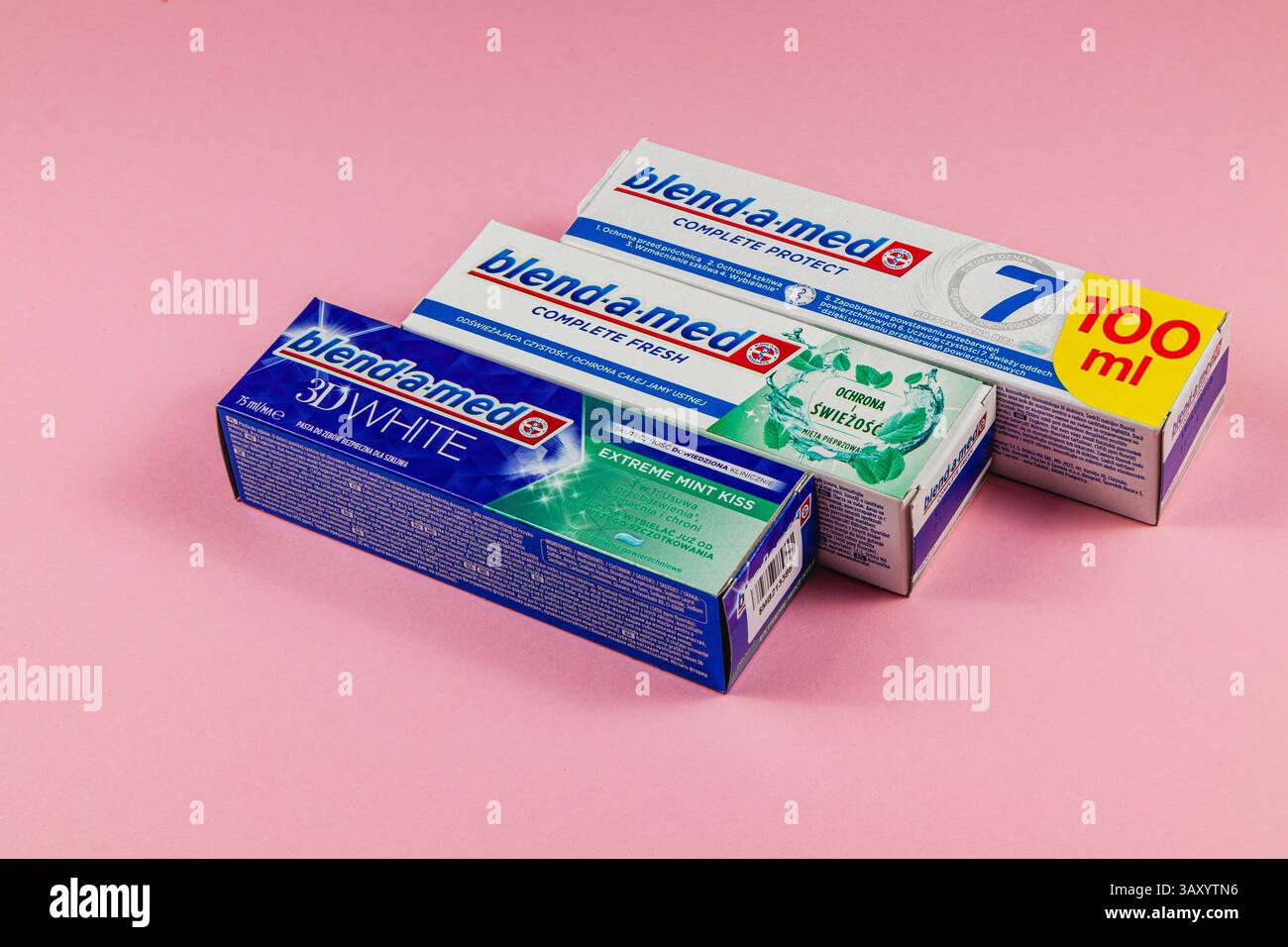 Lviv Ukraine 05.04.25 Various toothpaste tubes are arranged on a soft ...