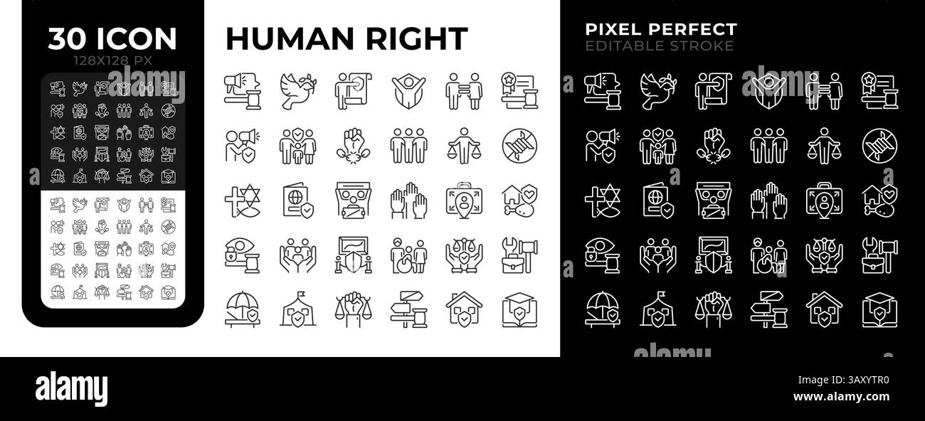 Human rights pixel perfect line black and white line icons set Stock ...