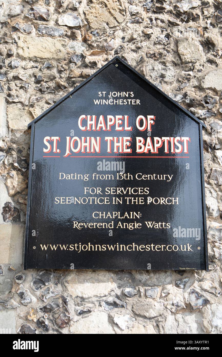 Sign at the Chapel of John the Baptist, The Broadway, Winchester Stock ...