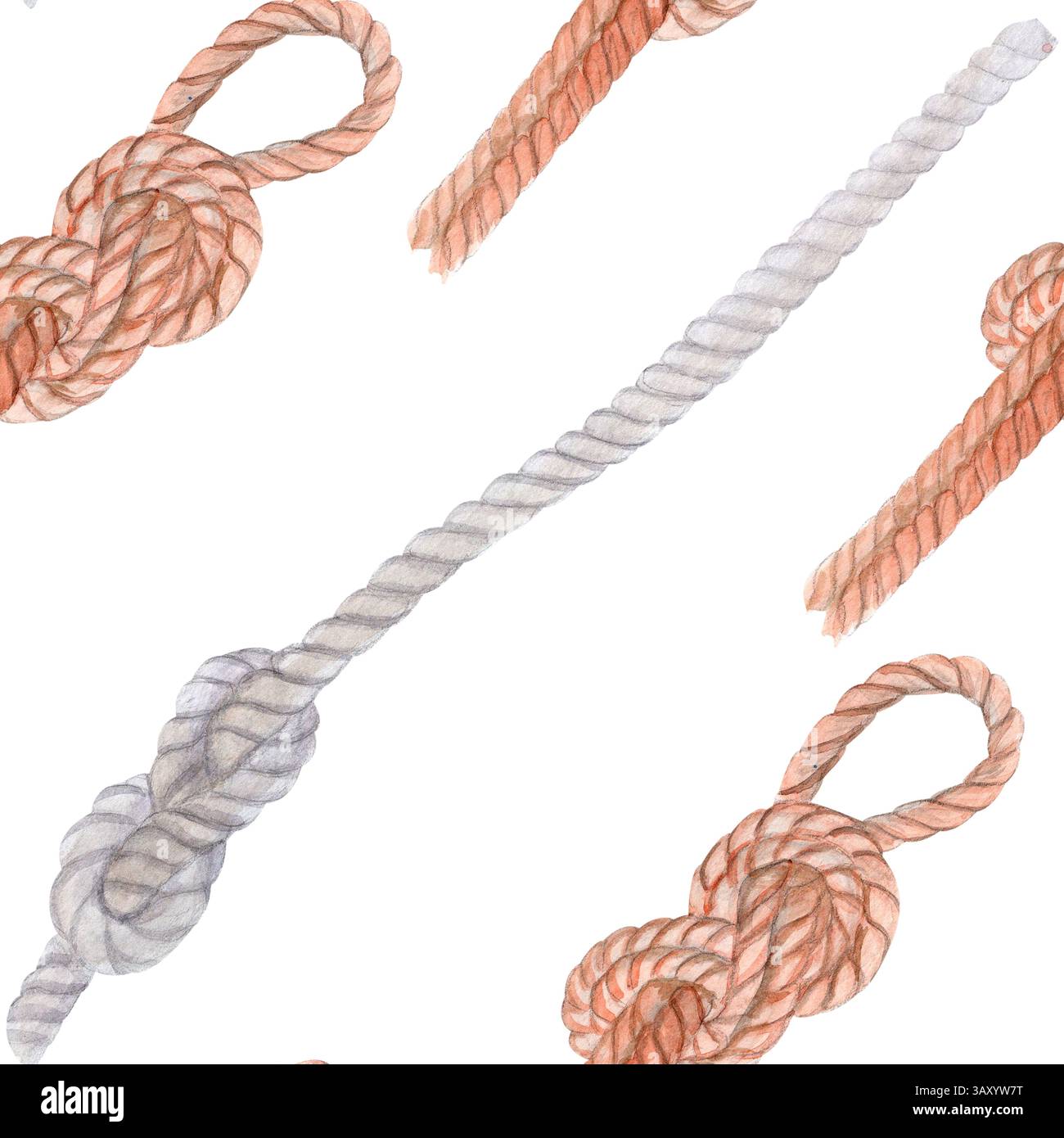 Sailor's rope, tied into a reef knot seamless pattern isolated on white ...