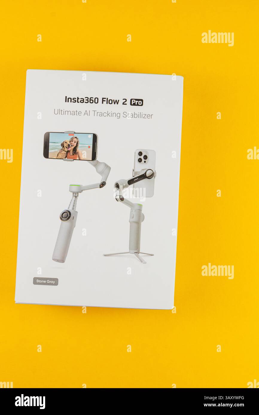 Lviv Ukraine 07.04.25 Packaging displays the Insta360 Flow 2 Pro ...