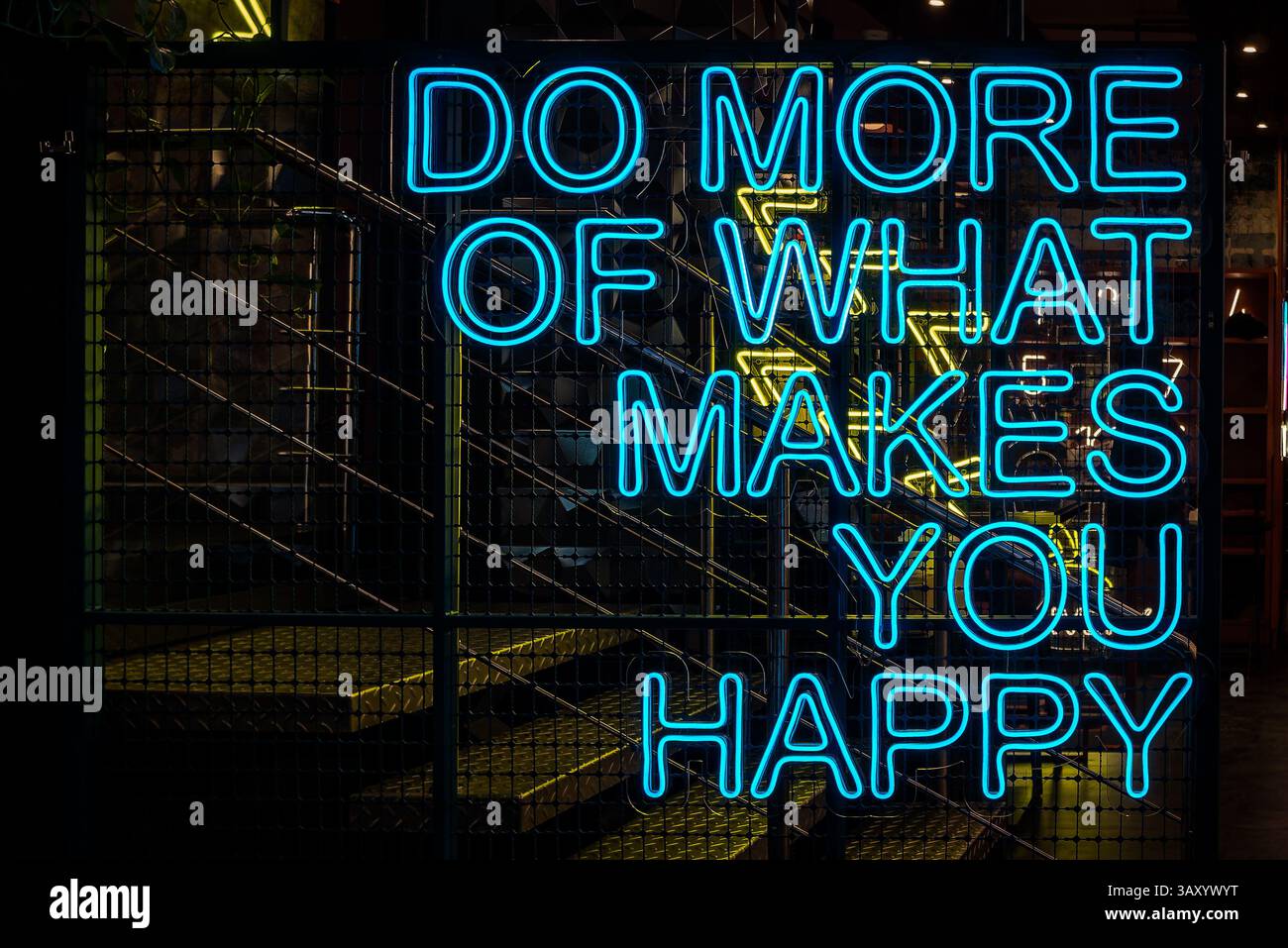 LED neon sign on a mesh grid with the quote “Do more of what makes you ...