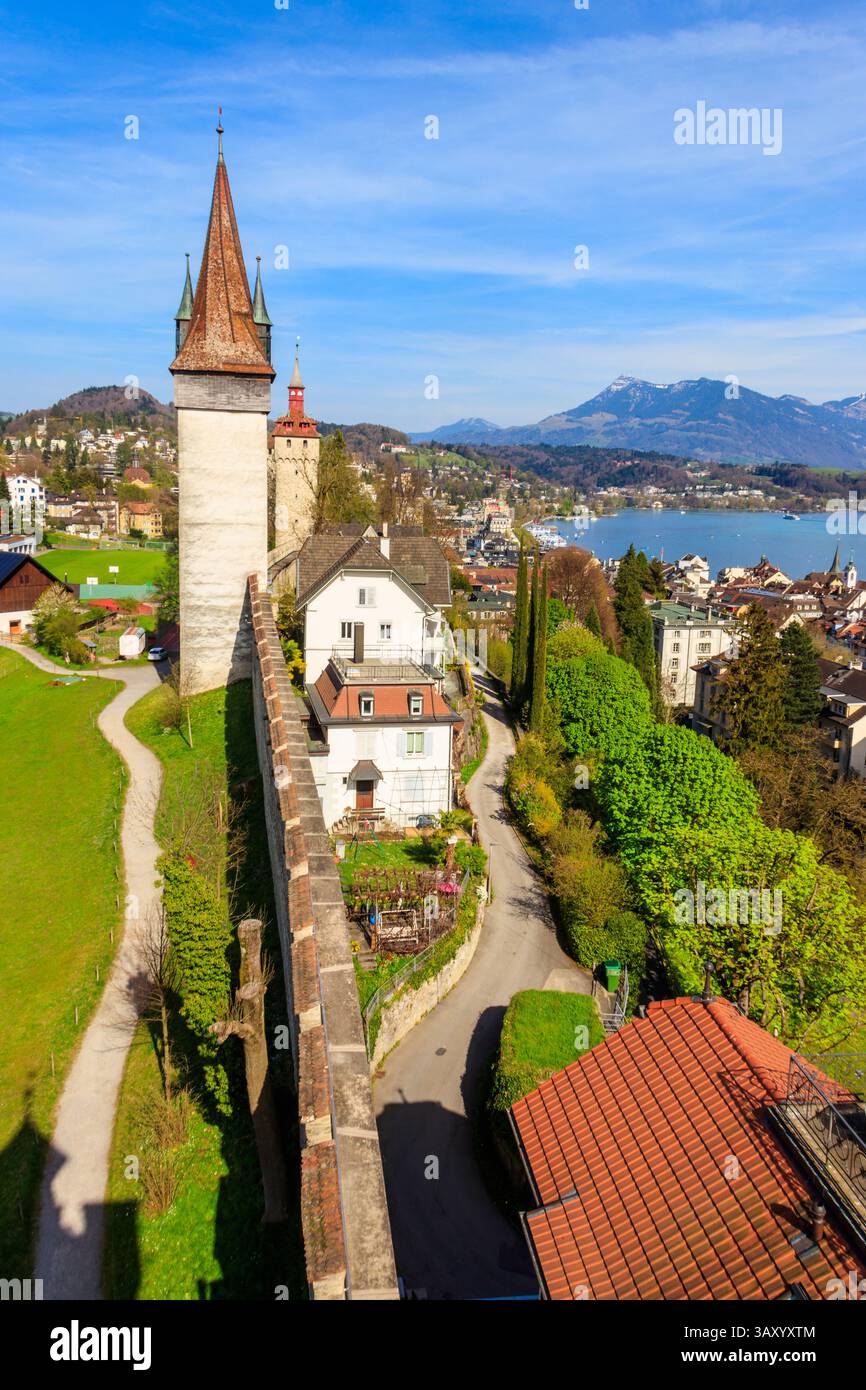 Top view on Lake Lucerne and old town with Musegg wall and towers in ...