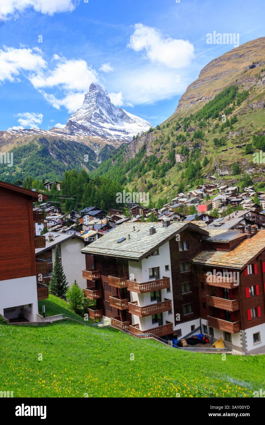 View of Zermatt town and Matterhorn mountain in the Valais canton ...