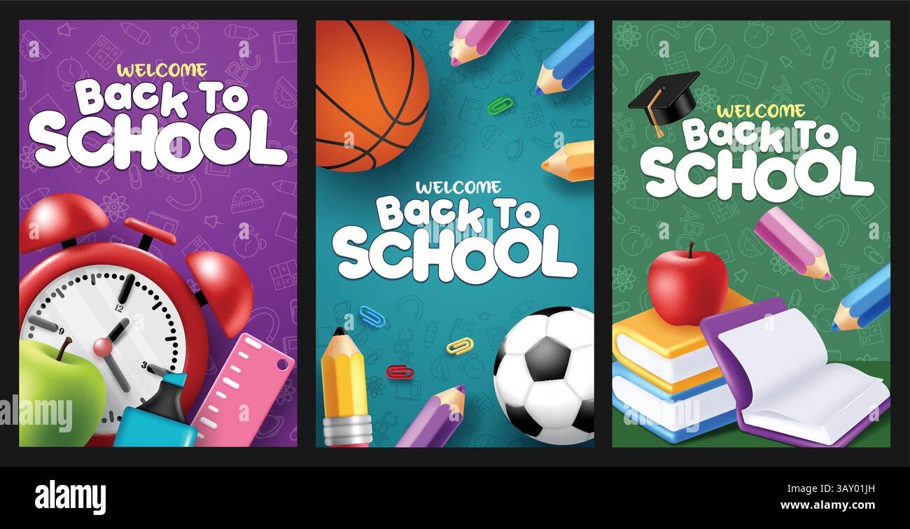 Welcome back to school greeting clipart poster set design. School text ...