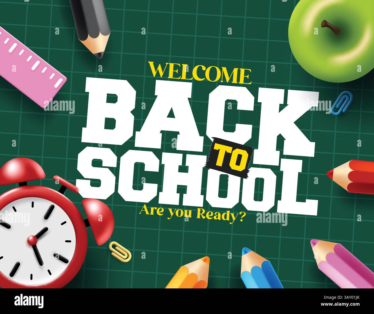 Welcome back to school greeting clipart design. School text in green ...