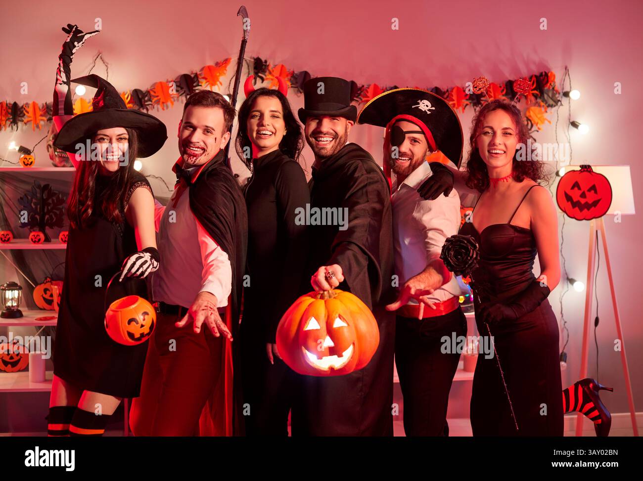 Happy Halloween party fun gather, friends group cosplay costume amuse ...