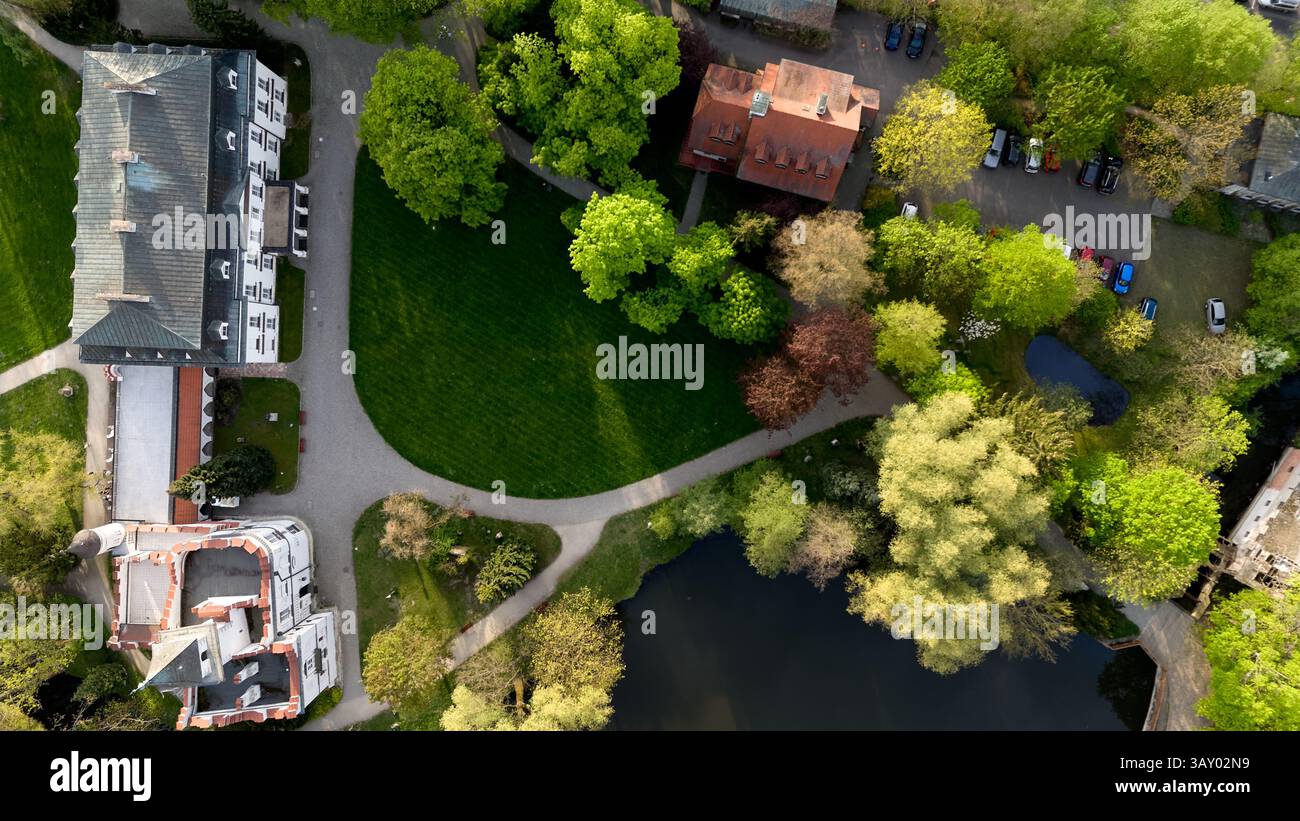 Green field with trees and a path. The trees are in various stages of ...