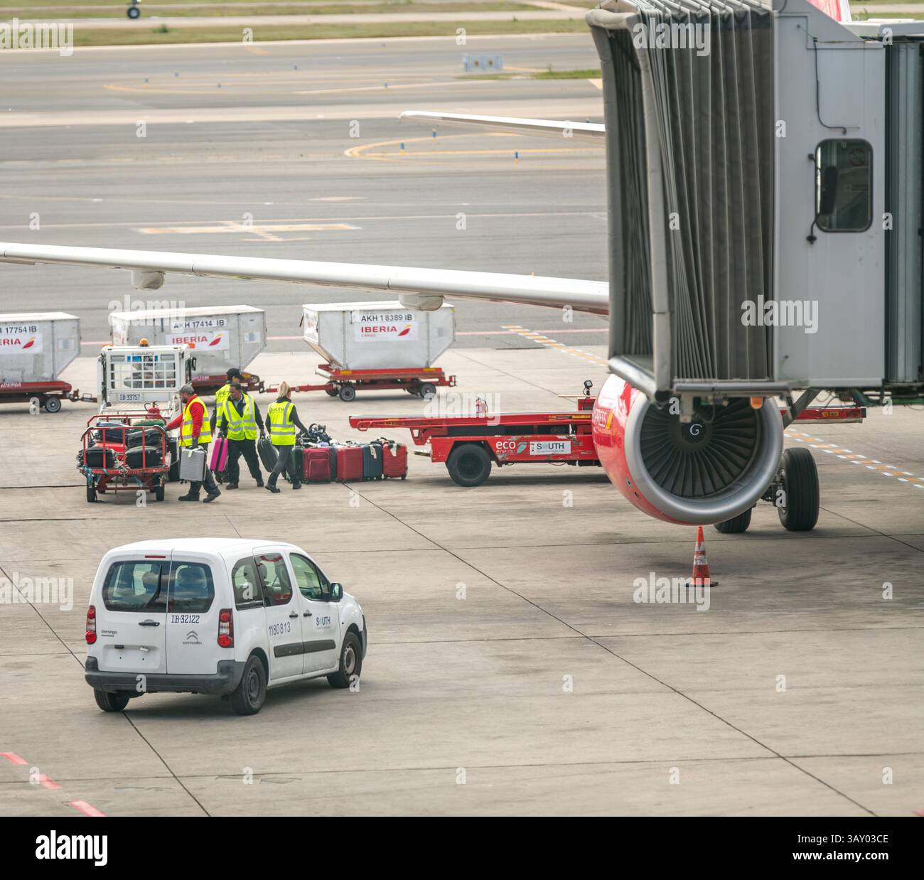Baggage handlers on tarmac with suitcases and travellers luggage at ...